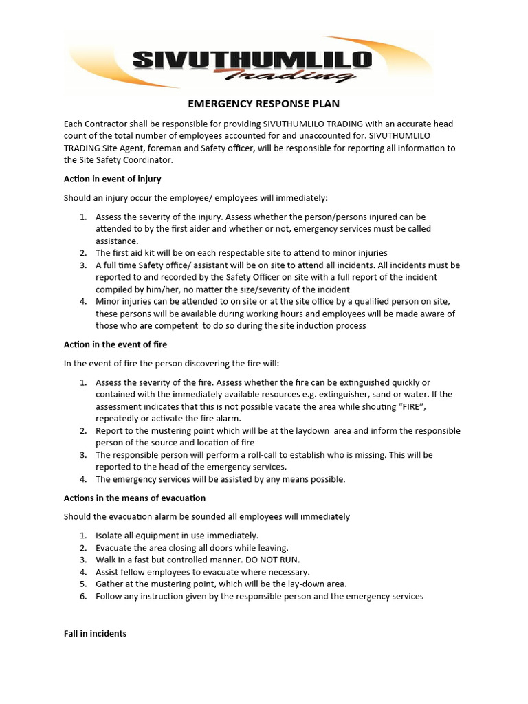 EMERGENCY RESPONSE PLAN | PDF | Emergency | First Aid