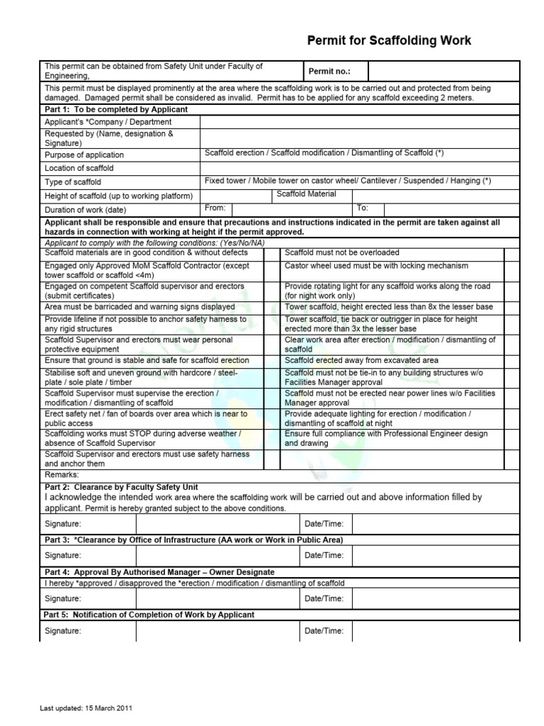 Scaffolding Work Permit Guidelines | PDF | Scaffolding