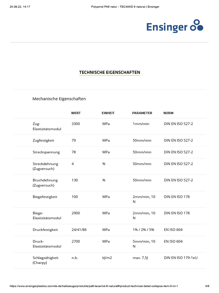 Polyamid PA6 Natur - TECAMID 6 Natural - Ensinger | PDF