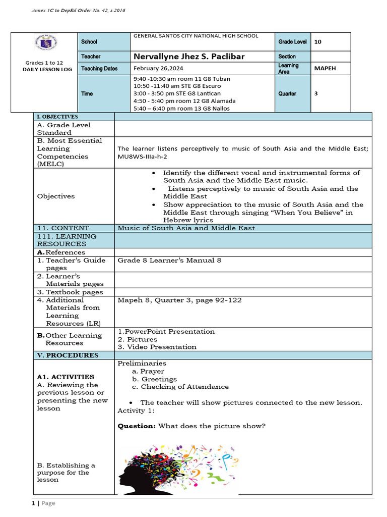 Lesson Plan Week 5 Music | PDF | Rubric (Academic) | Singing