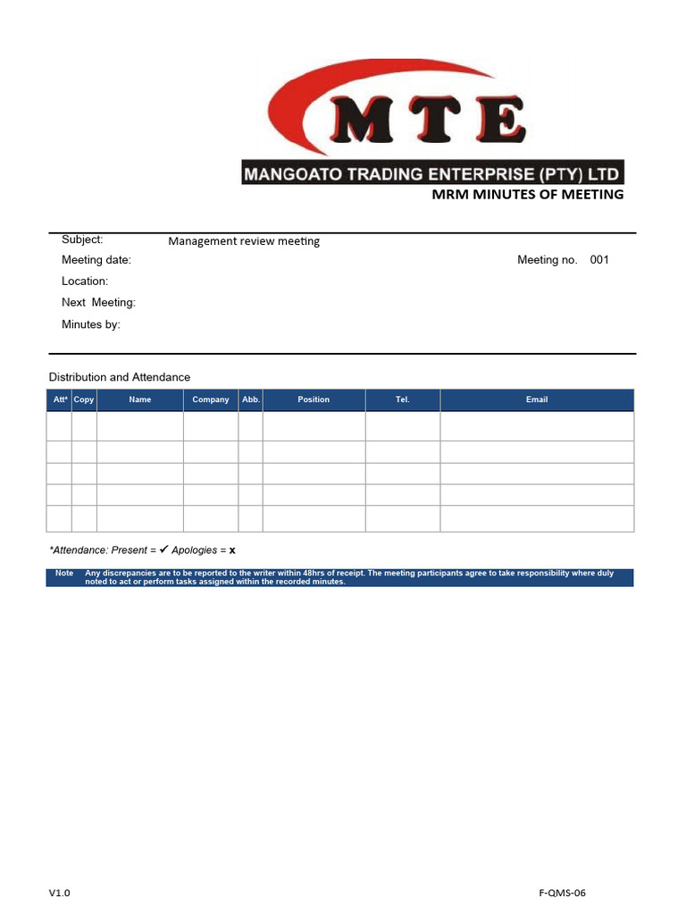F-QMS-06 MRM Minutes of Meeting | PDF | Business