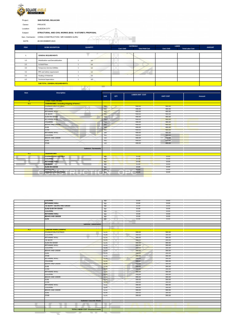 Boq of Structural Works - Prposal | PDF | Foundation (Engineering) | Building Engineering