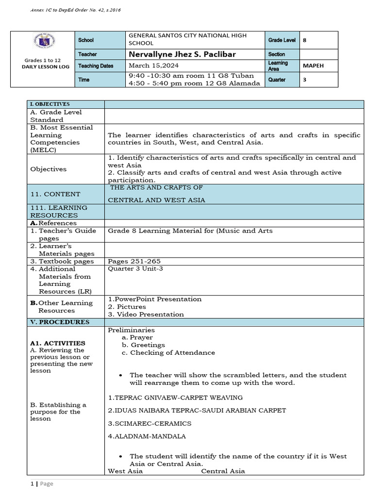 LESSON PLAN For LESSON 3 ARTS | PDF | Carpet