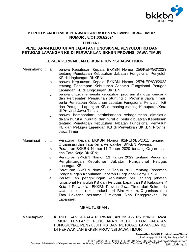 Jatim - SK Penetapan Lowongan Kebutuhan JF PKB Dan PLKB | PDF