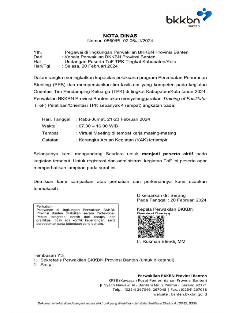 Nota Dinas ToF Pelatihan-Orientasi TPK Tahun 2024 (Arung) | PDF