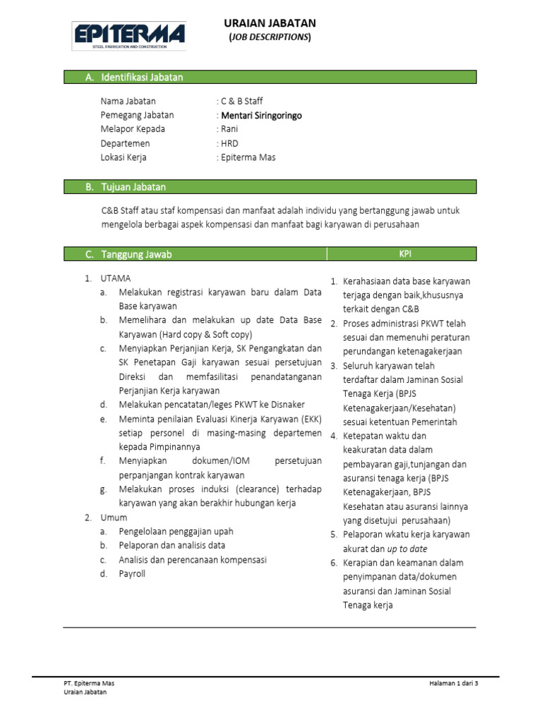 Uraian Jabatan C&B Staff di Epiterma Mas | PDF