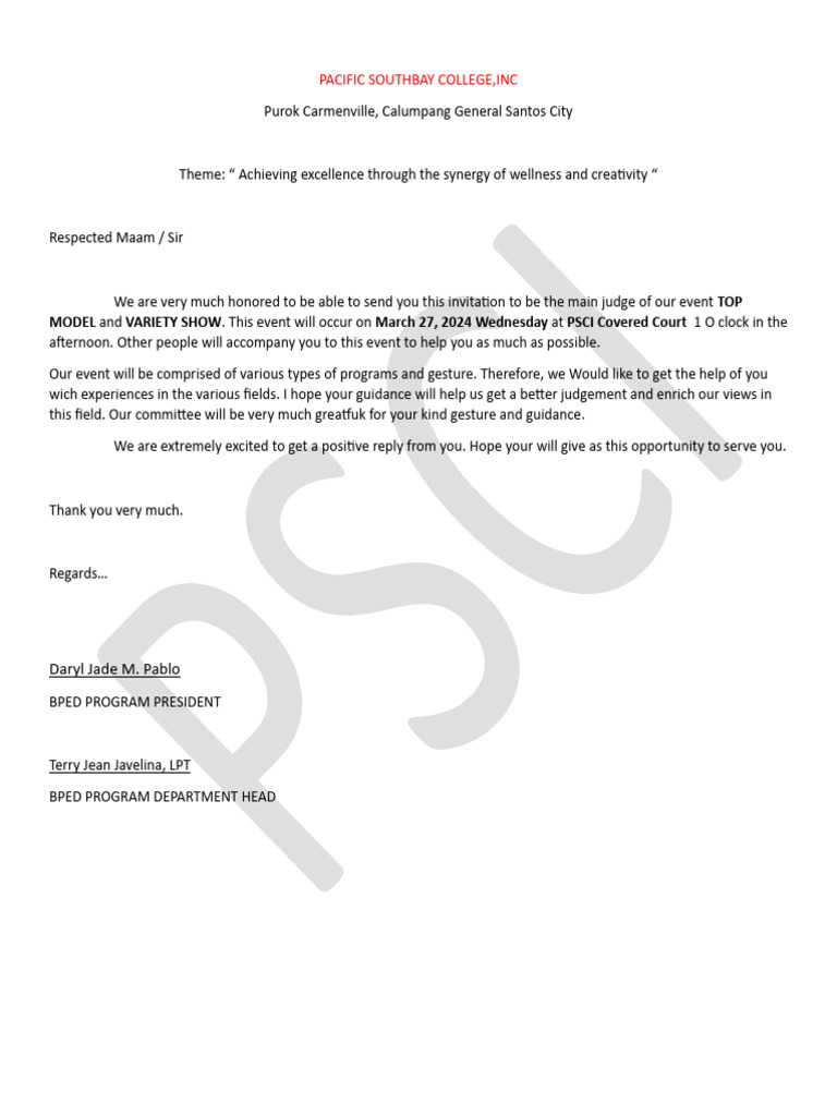 PACIFIC SOUTHBAY COLLEGE LETTER | PDF