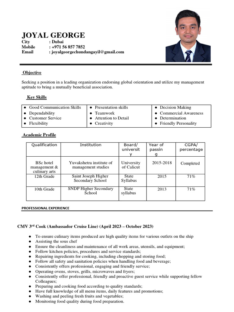 Resume-Joyal George | PDF | Cooking | Kitchen