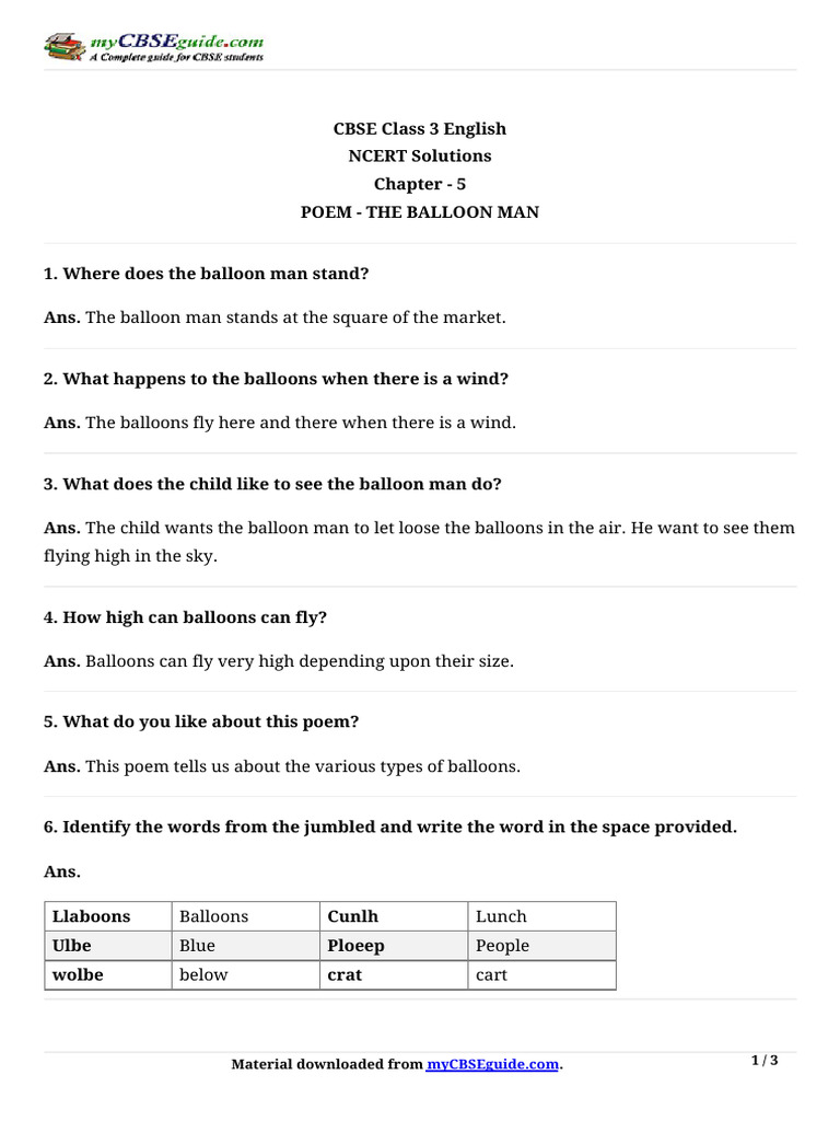 CH 05 Poem The Balloon Man Ques | PDF