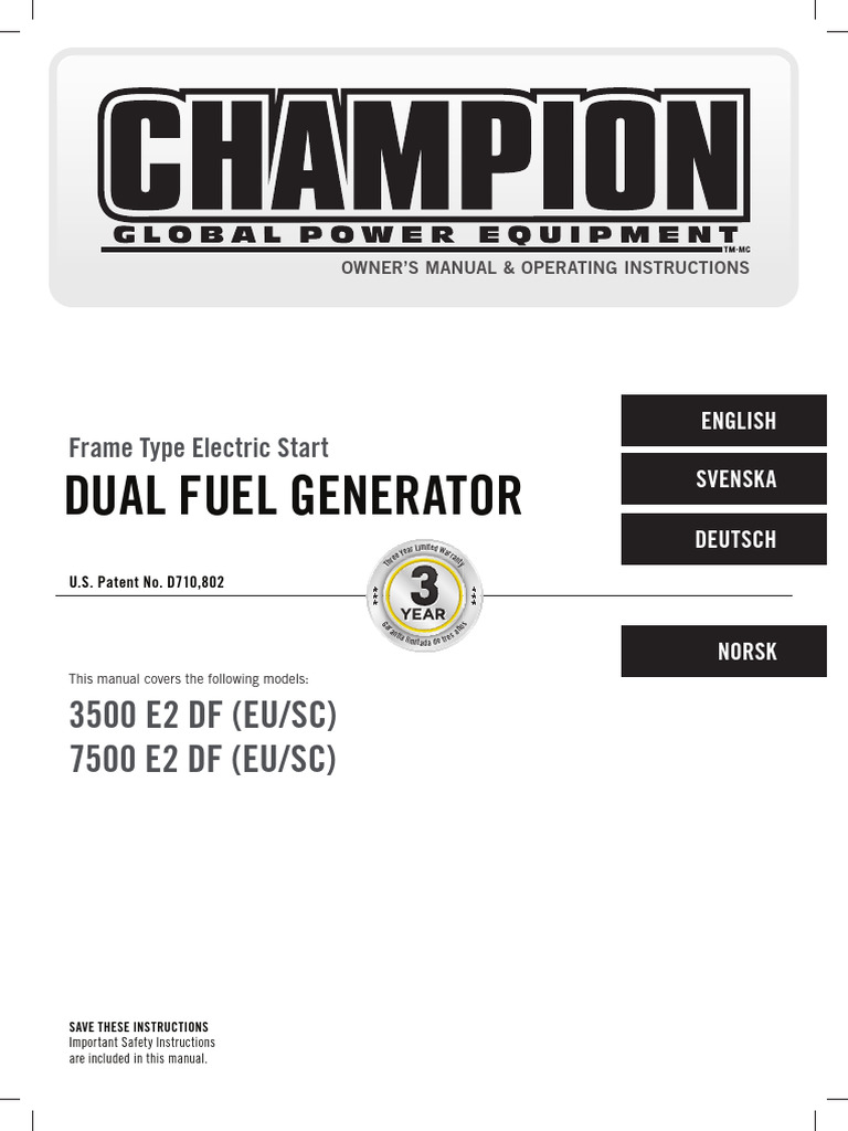 Champion Daul Fuel Generator 3500 - E2 - DF | PDF | Liquefied Petroleum ...