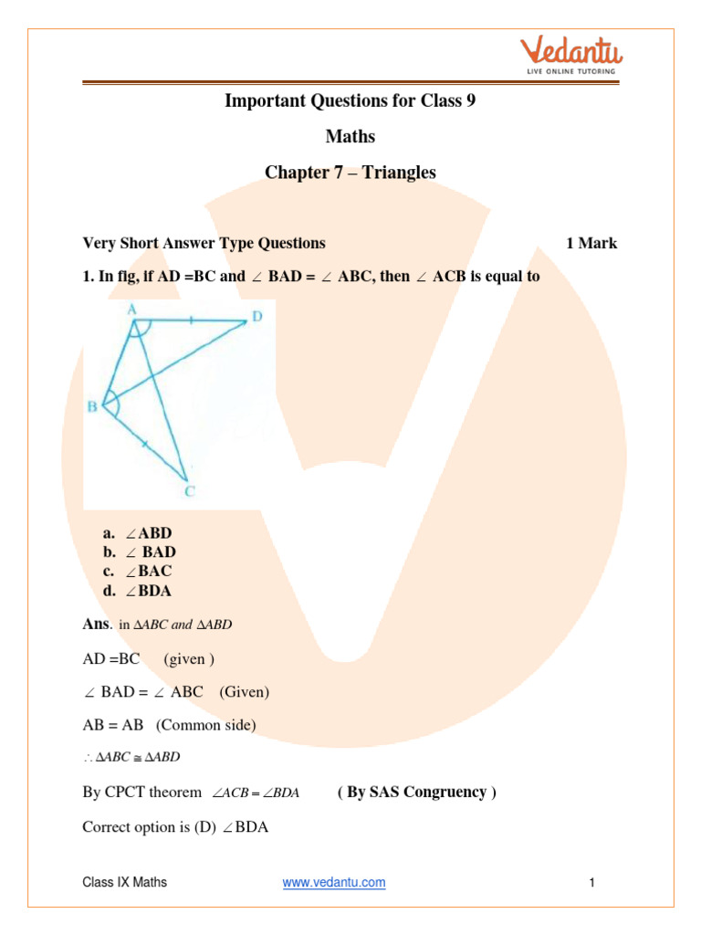 Class 9 Triangles Extra Questions | PDF | Triangle | Geometry