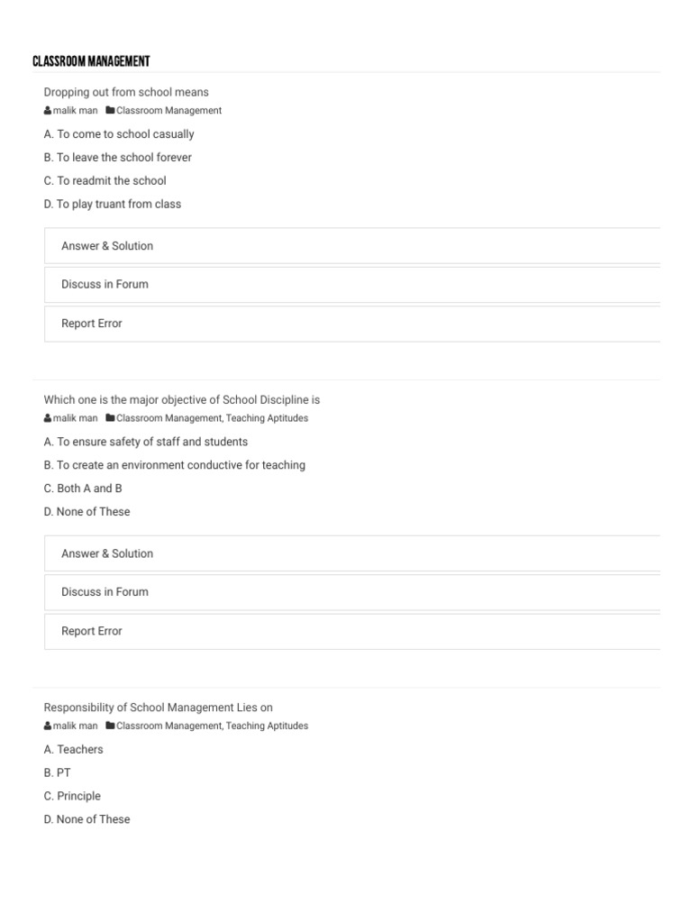 School and Classroom Management Mcqs | PDF