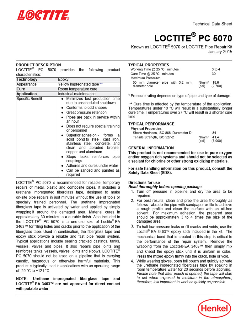 Loctite PC 5070 Emergency Pipe Repair Kit | PDF | Pipe (Fluid ...