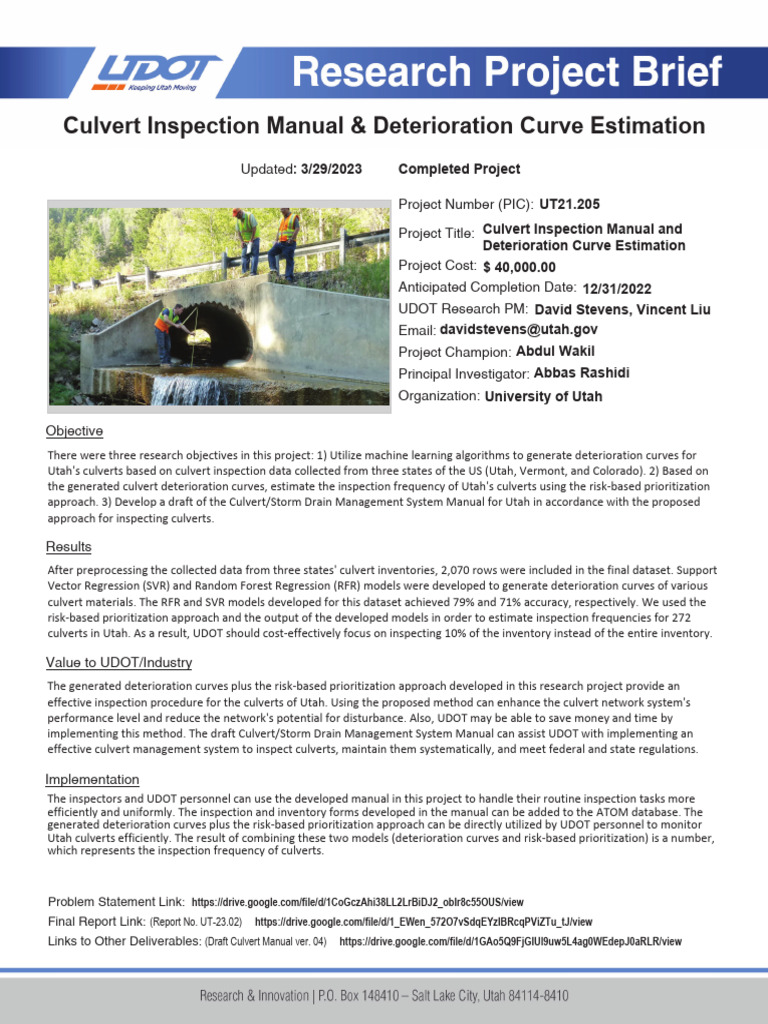 Project Brief - UT-23.02 Culvert Inspection - Web | PDF | Regression ...