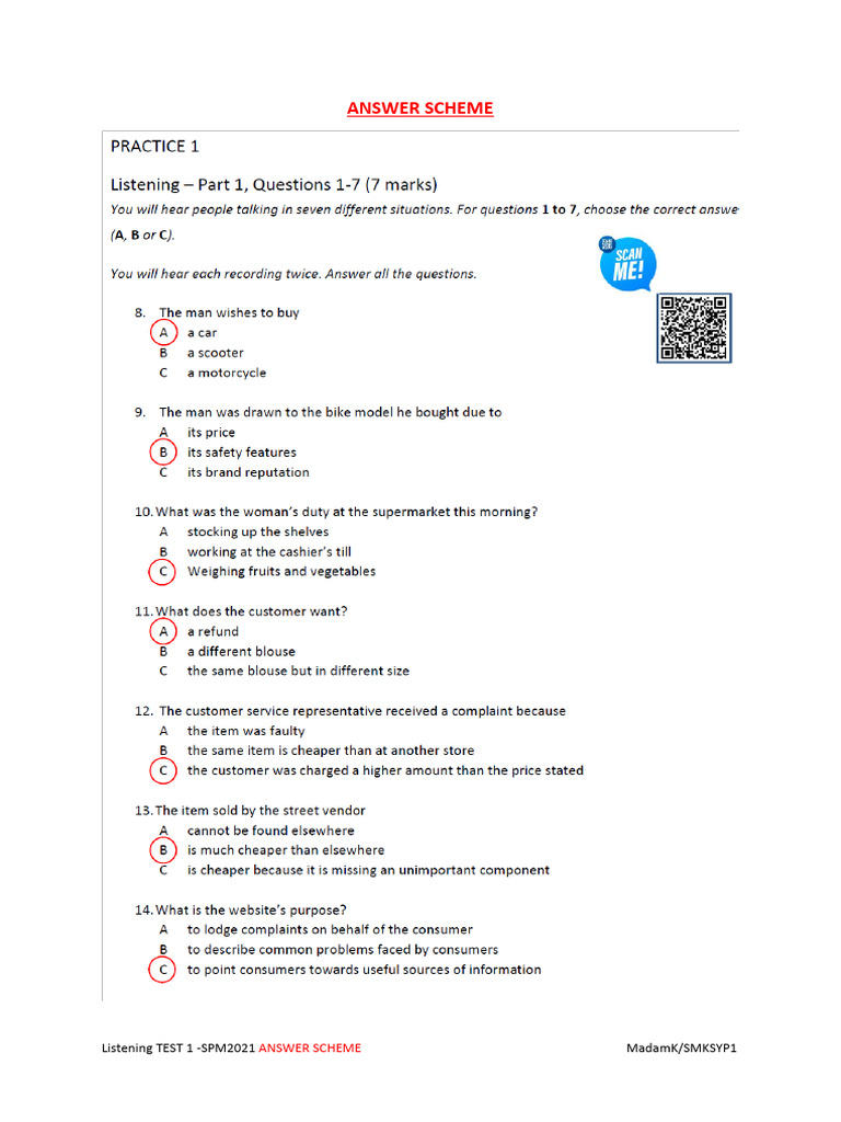 Listening SPM 30 m Set 1 ANSWER SCHEME | PDF
