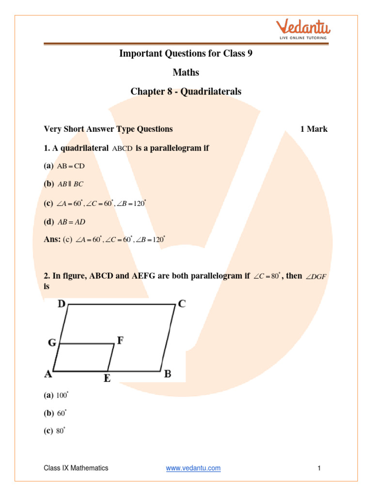 CBSE Class 9 Maths Chapter 8 - Quadrilaterals Important Questions 2023-24 | PDF | Rectangle | Euclid