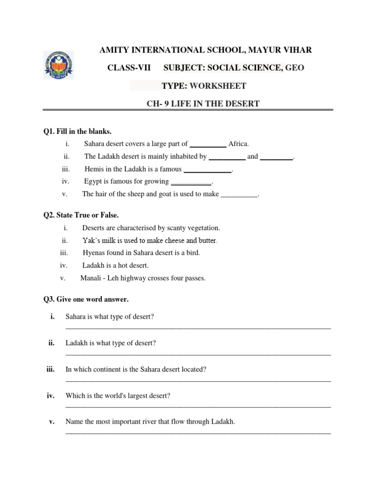 Life in the Desert: Class 7 Worksheet | PDF | Earth Sciences | Physical ...