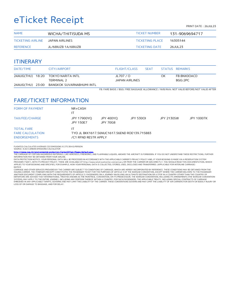 Eticket Wicha Thitisuda Ms | PDF | Aviation