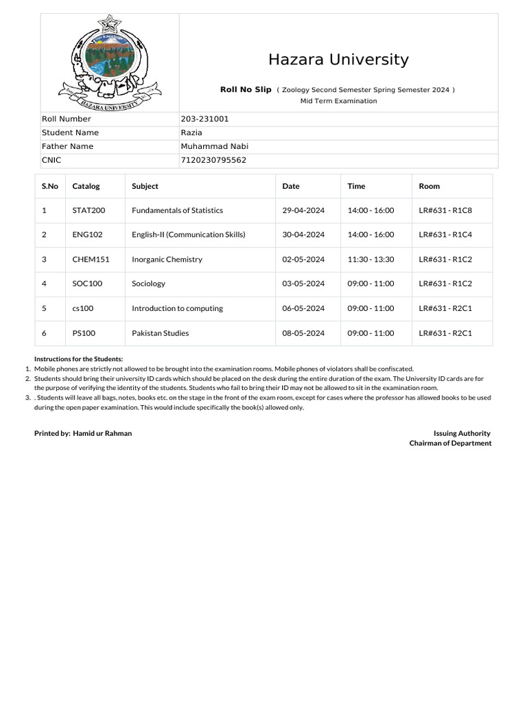 BS 2nd Exam Slips | PDF | Academic Term | Identity Document
