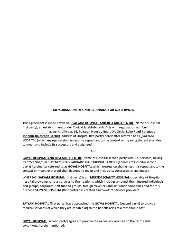 Memorandum of Understanding For Icu Services | PDF | Hospital | Public ...