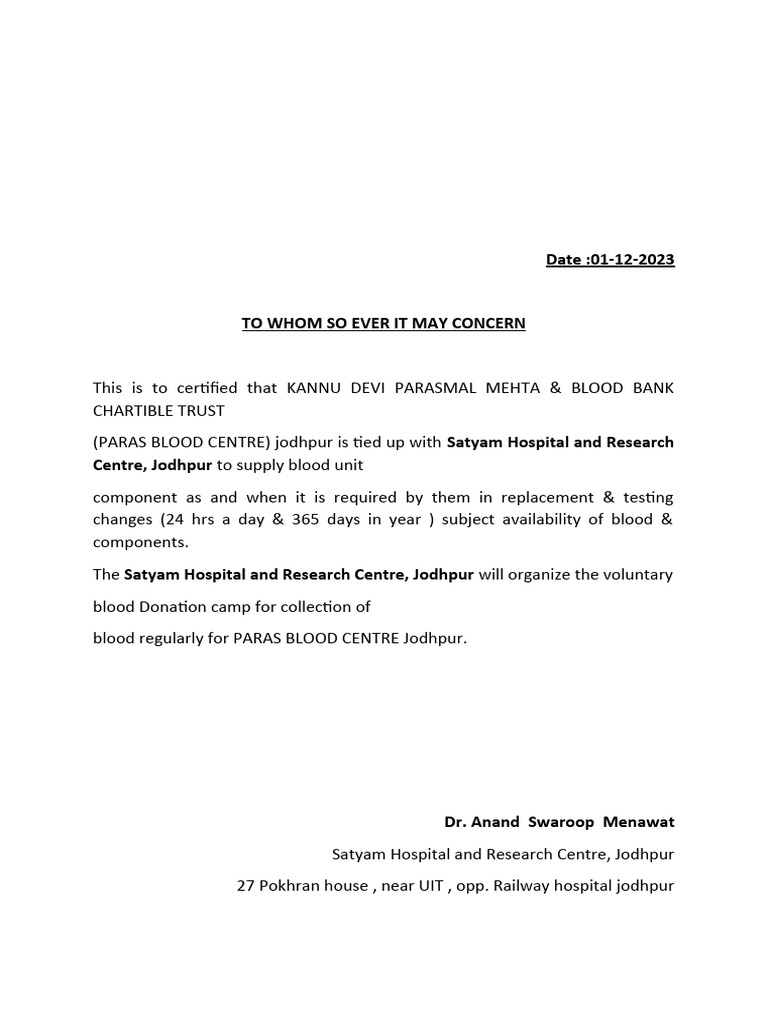 Paras Blood Bank Mou | PDF | Hospital | Social Programs