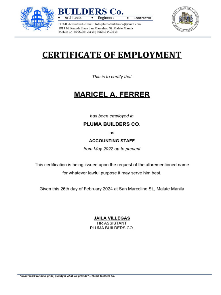 Certificate of Employment: Pluma Builders Co | PDF