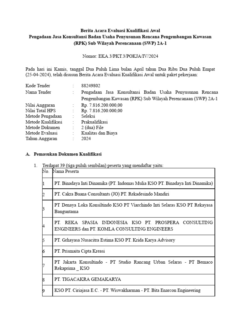BA Evaluasi Kualifikasi Awal - JKBU Pengadaan Jasa Konsultansi Badan Usaha Penyusunan Rencana ...