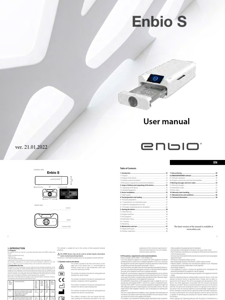 Enbio S Sterilizer User Manual | PDF | Sterilization (Microbiology) | Water
