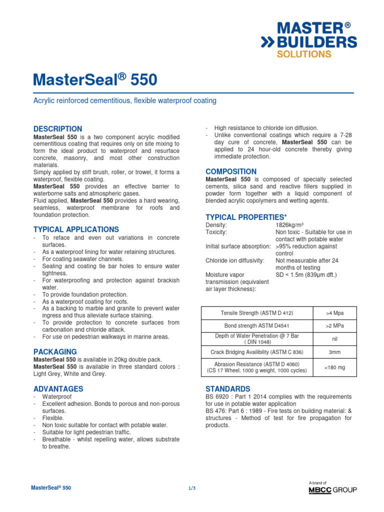 Masterseal 550 - Tds | PDF | Concrete | Cement