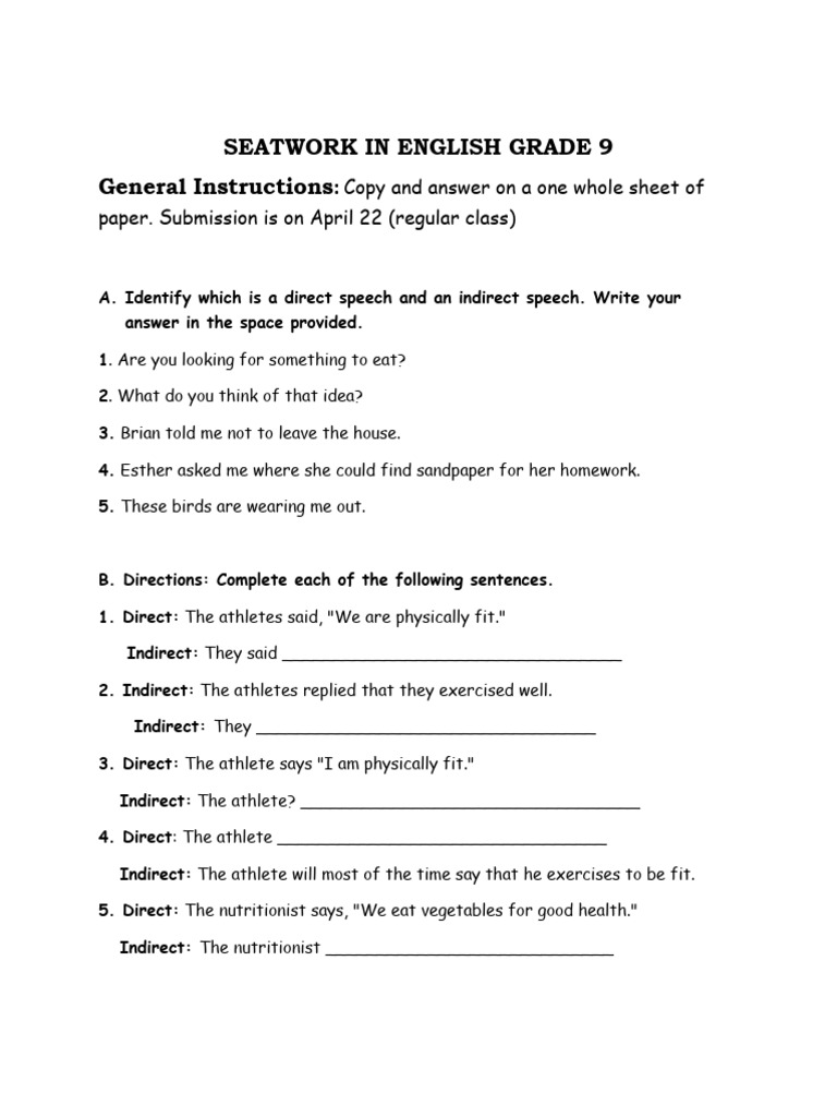 Grade 9 English Seatwork | PDF