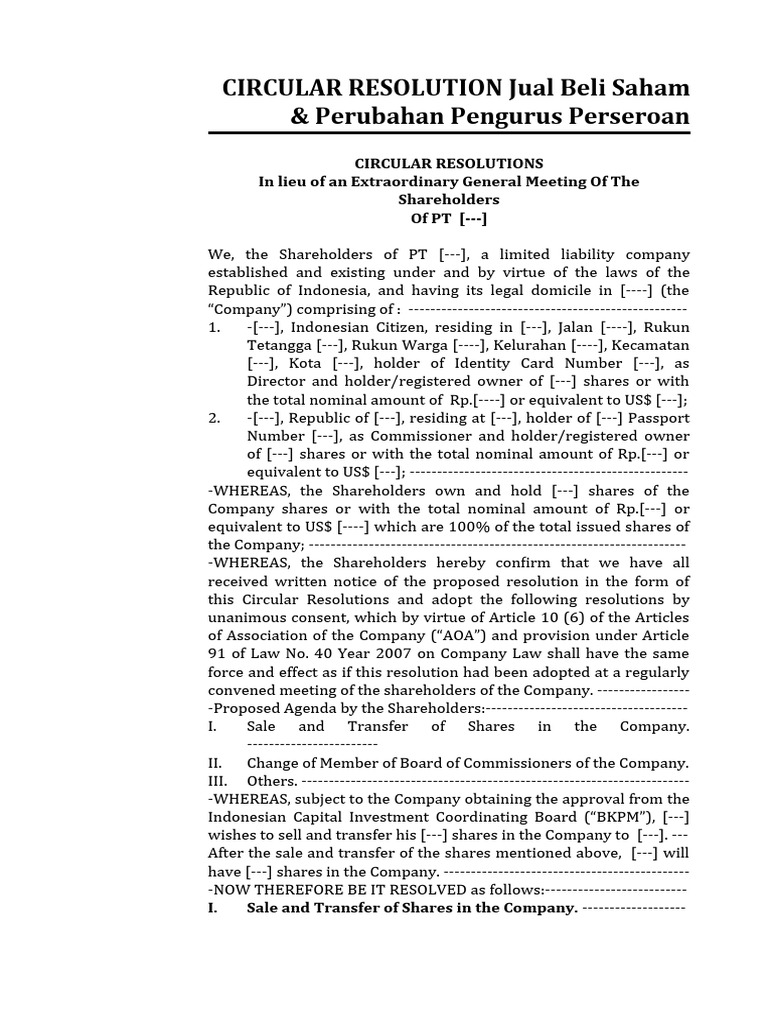 Circular Resolution Jual Beli Saham - Perubahan Pengurus | PDF ...