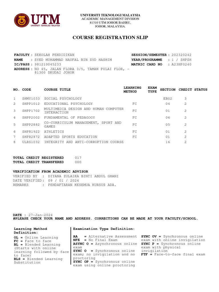 UTM Course Registration Slip 2023-2024 | PDF | Behavior Modification ...
