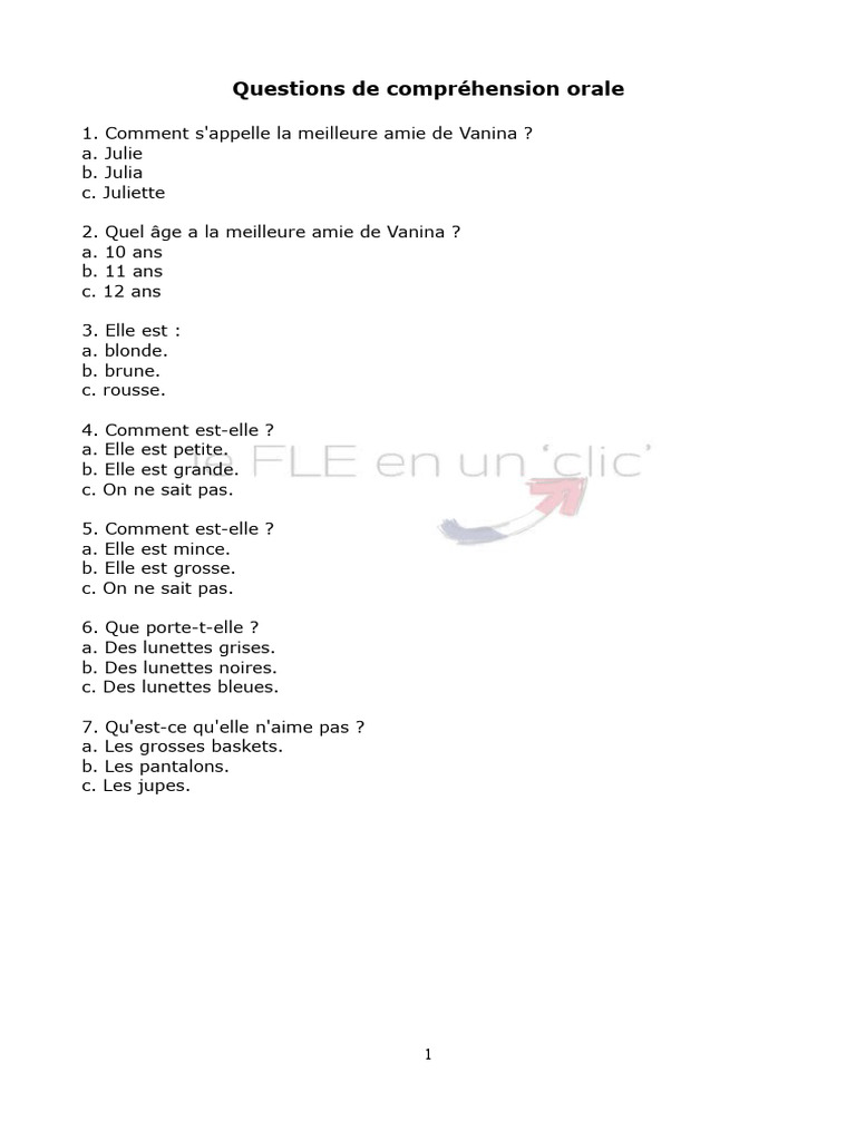 Compréhension Orale La Description Physique (Vanina Présente Sa ...