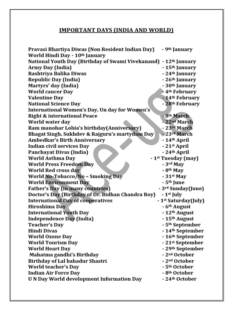Important Days (India and World) (Static GK - 7) | PDF