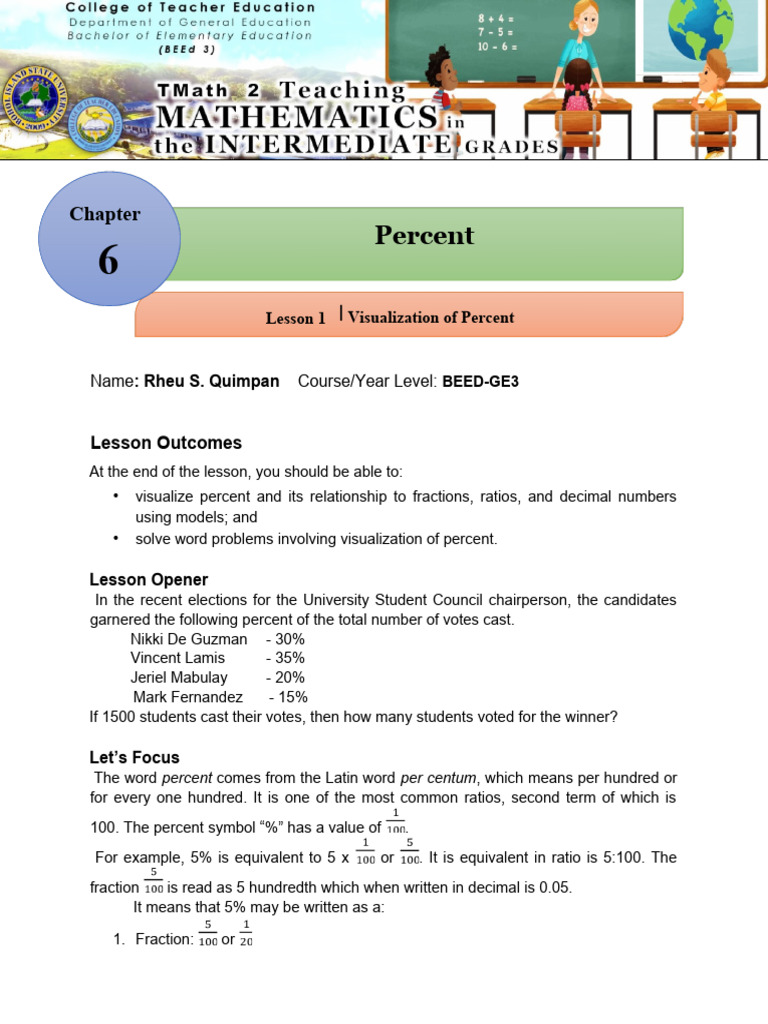 Chapter 6 Lesson 1 - Rheu | PDF | Percentage | Arithmetic