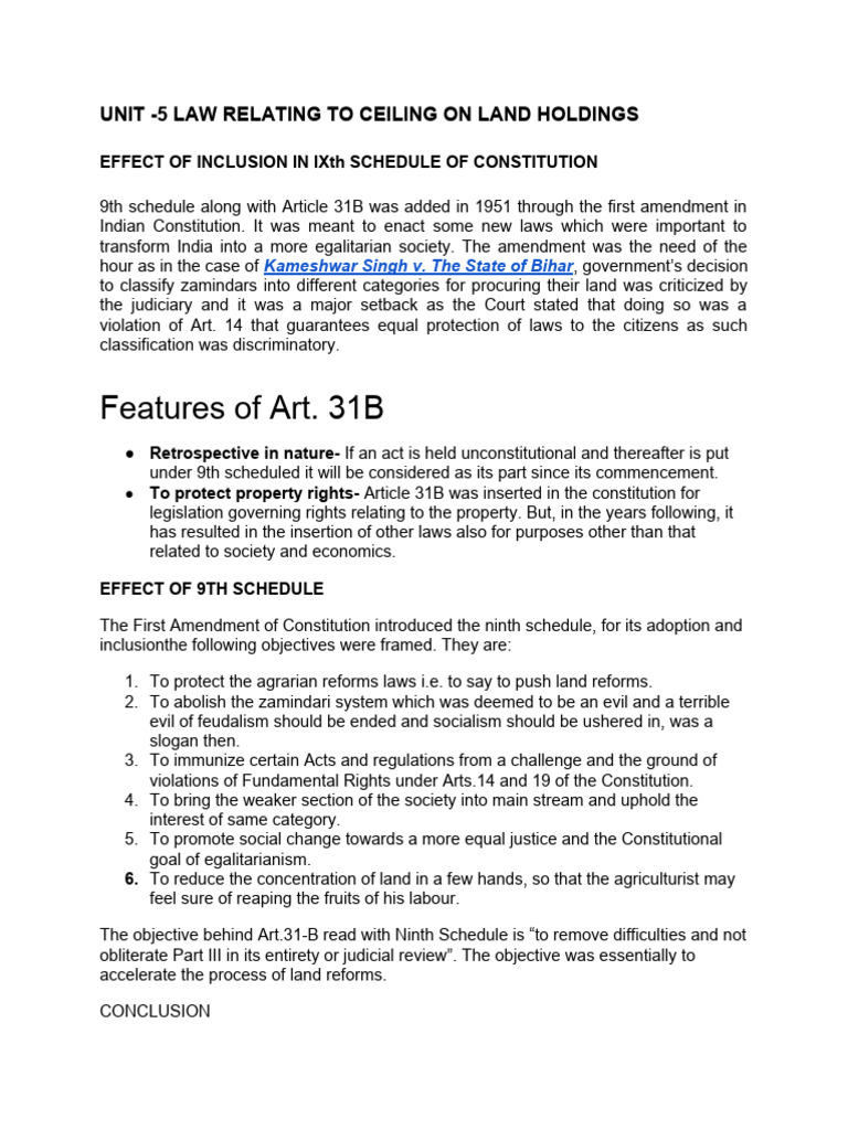 Unit - 5 Law Relating To Ceiling On Land Holdings | PDF | Public Law ...