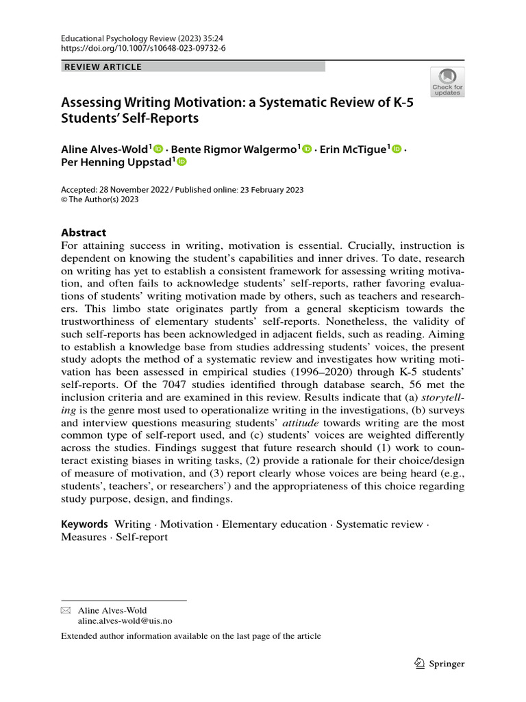 Assessing Writing Motivation A Systematic Review of K-5 Students' Self ...