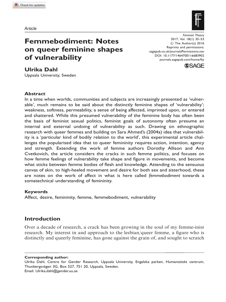 Dahl 2016 Femmebodiment Notes On Queer Feminine Shapes of Vulnerability ...