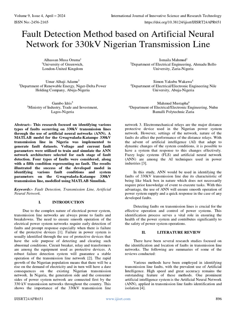 Fault Detection Method Based On Artificial Neural Network For 330kv Nigerian Transmission Line