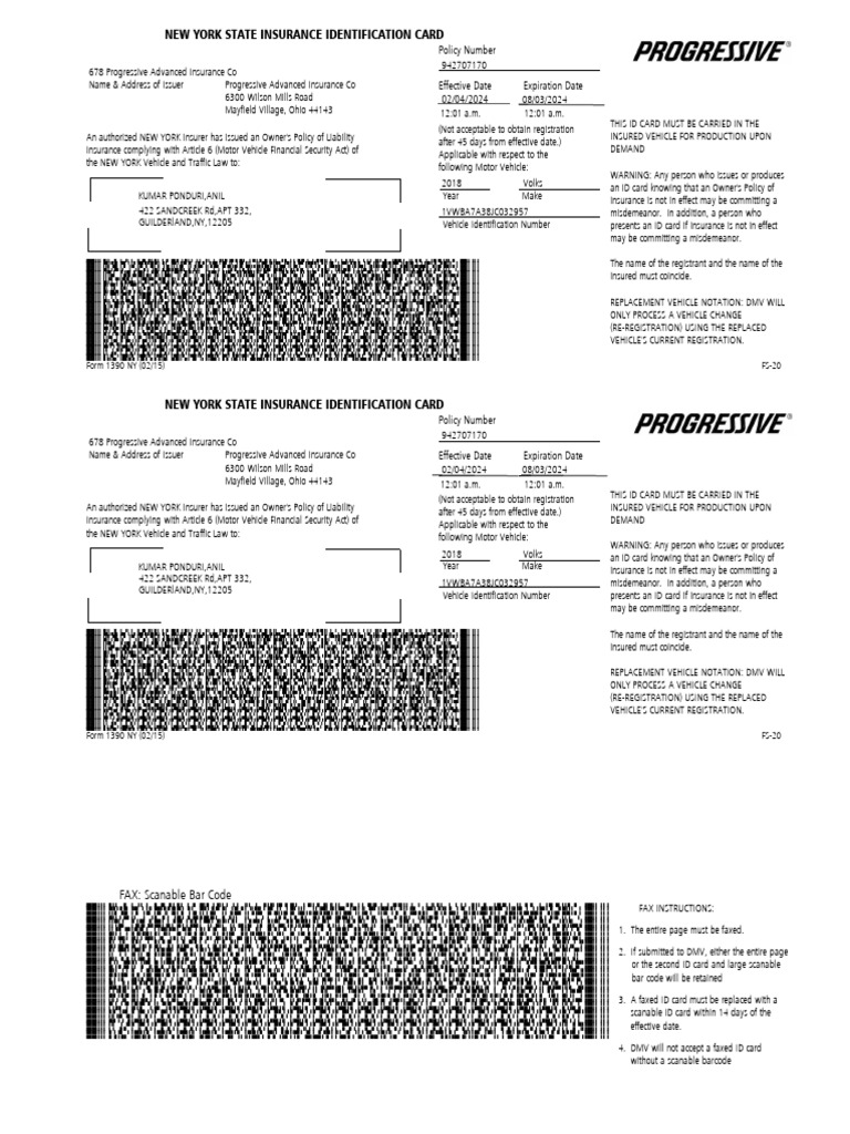 Progressive Insurance ID Card For Residence Purpose (Utility Bill ...