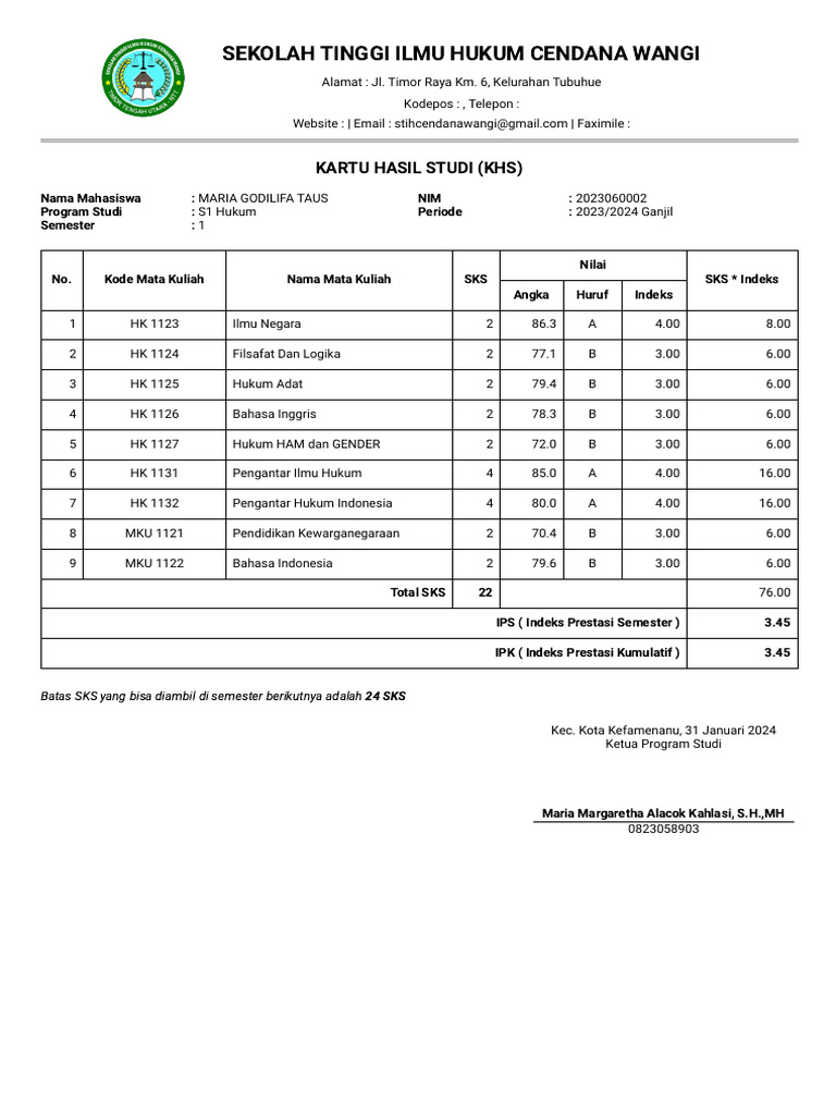 Kartu Hasil Studi Maria Godilifa Taus | PDF