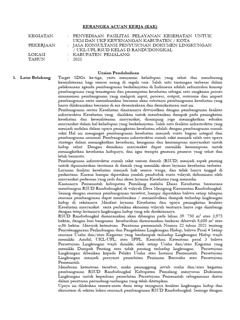 KAK UKLUPL RSUD Siantar - Rev | PDF