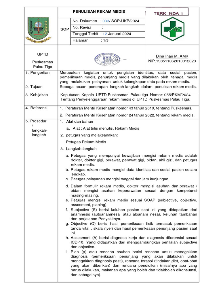 SOP PENULISAN REKAM MEDIS Terkendali | PDF