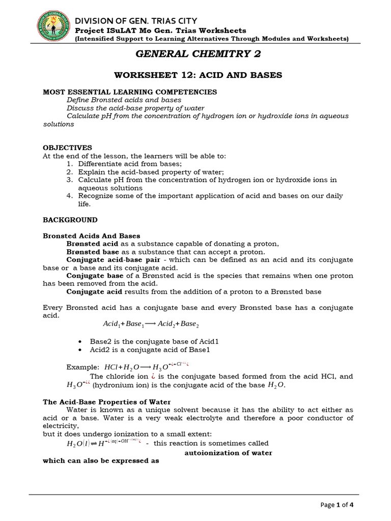 q4 Week 3 Gen Chem 2 Worksheet 12 Acids and Bases | PDF | Ph | Acid