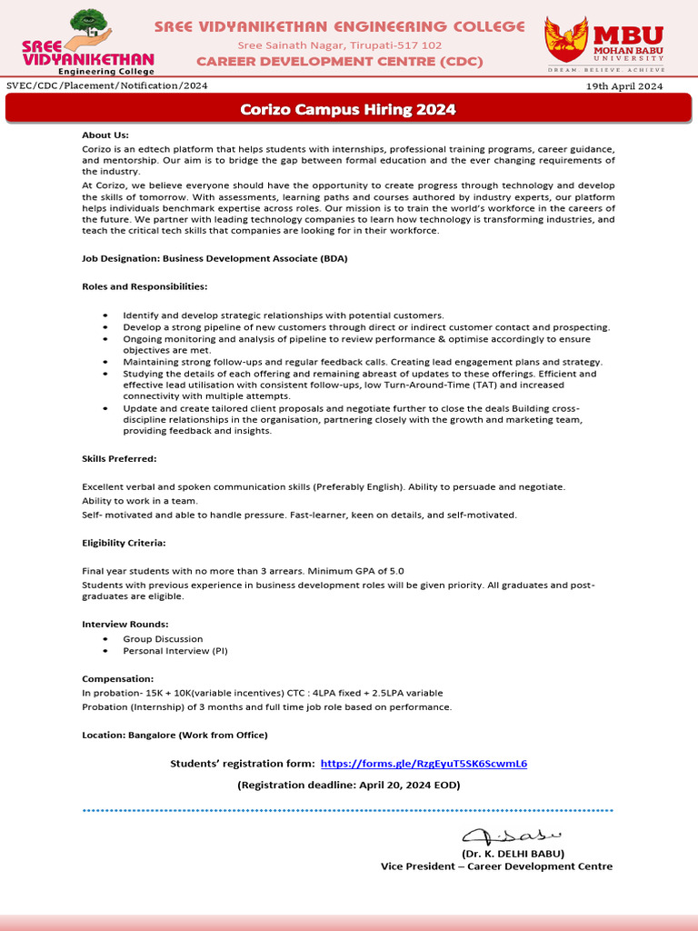 Corizo - Campus Hiring - 2024 - Notification | PDF | Educational ...