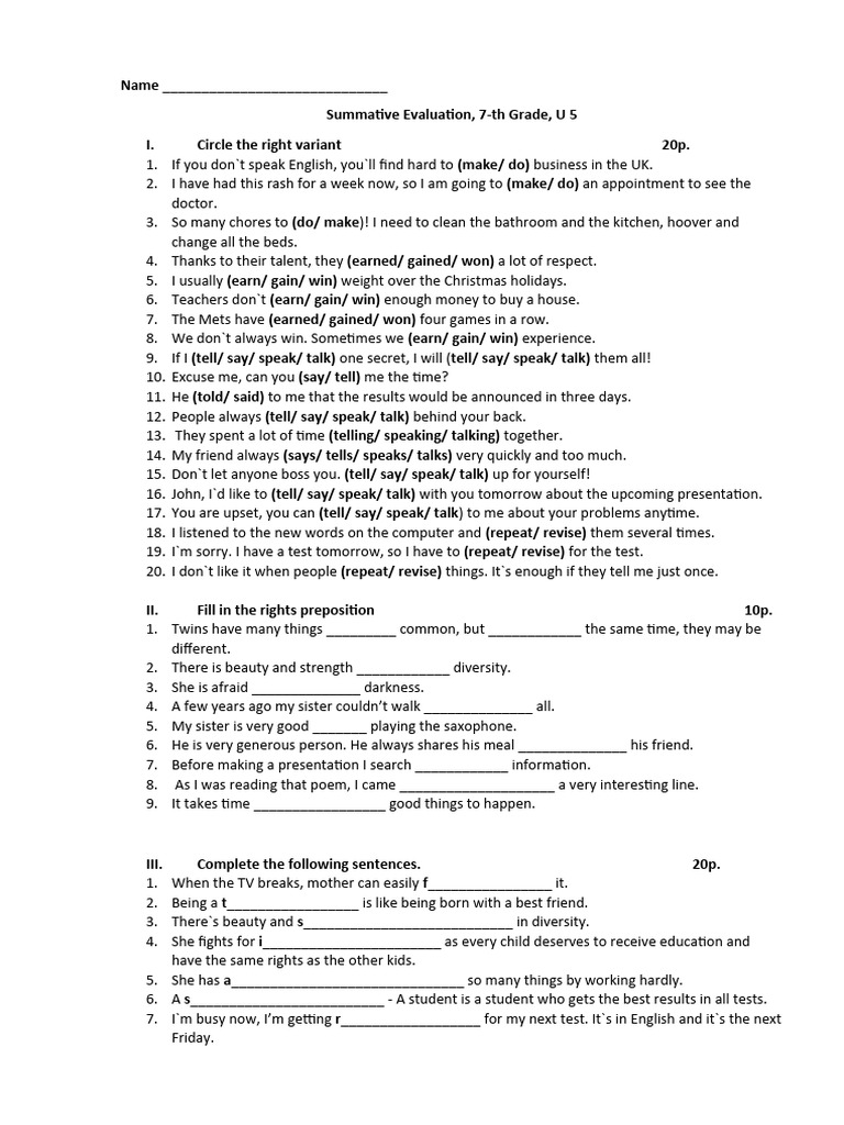7th Grade English Summative Evaluation | PDF | Language Arts ...