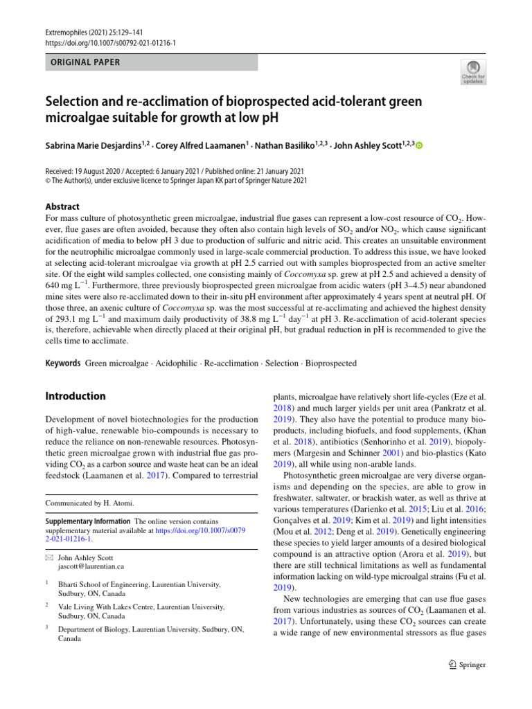 Selection and Re-Acclimation of Bioprospected Acid-Tolerant Green ...
