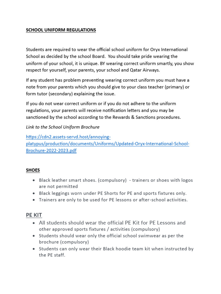 Oryx International School Uniform Guide | PDF | Jewellery | Clothing