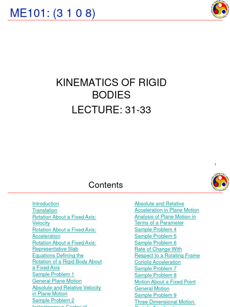 ME 101-Lecture 31-33 Kinematics of Rigid Bodies | PDF | Rotation Around A Fixed Axis | Acceleration