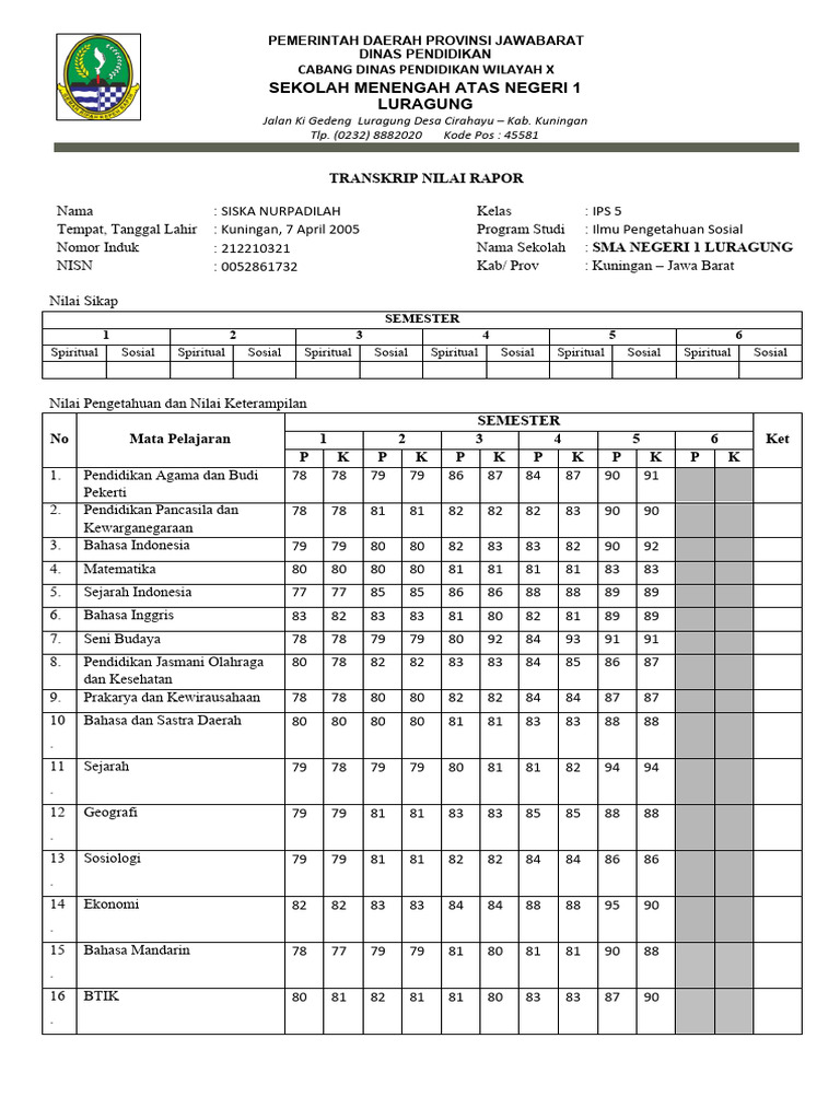Format Transkrip Nilai | PDF
